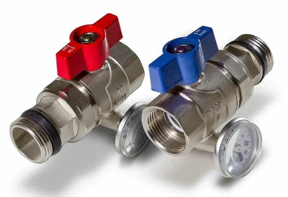 Комплект кранов с термометром для коллекторной группы 25 (1") TIM M308-4T ( 2 шт.)