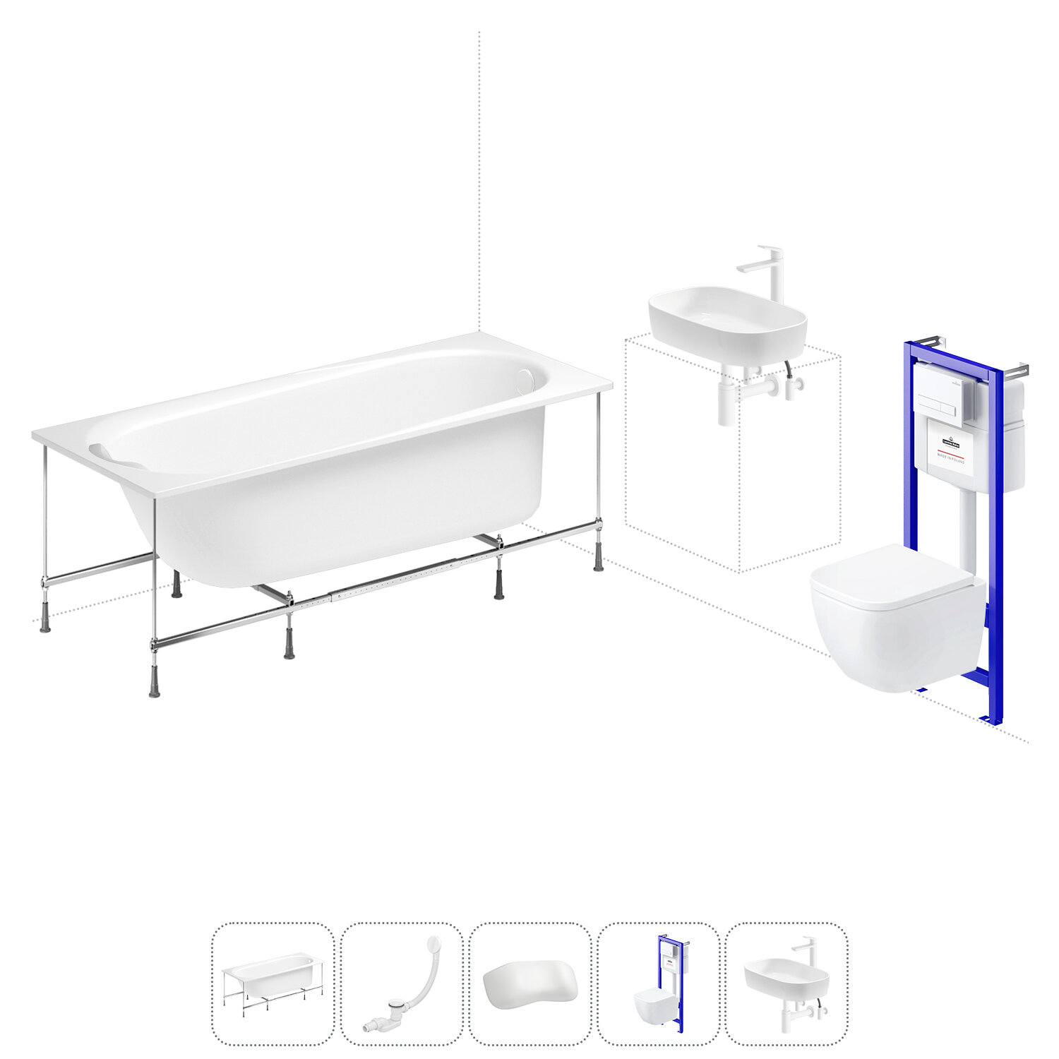 Акриловая ванна 150x70 с каркасом Lavinia Boho Biore 20221250R в наборе 6 в 1: ванна, ножки, слив-перелив, подголовник, унитаз в комплекте, раковина в комплекте
