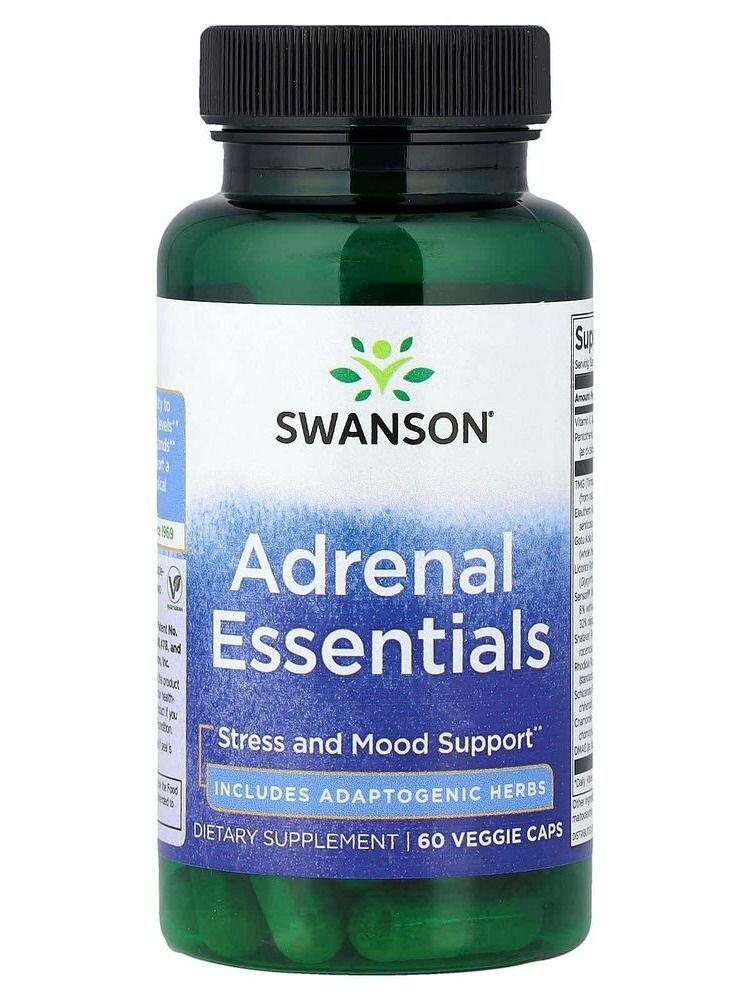 Поддержка надпочечников, Adrenal Essentials, 60 растительных капсул, Swanson