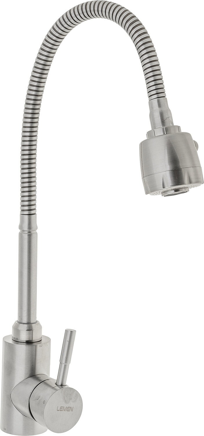 Смеситель для кухни Lemen D35 (гибкий излив, лейка-аэратор, нержавеющая сталь, гайка) LA9009