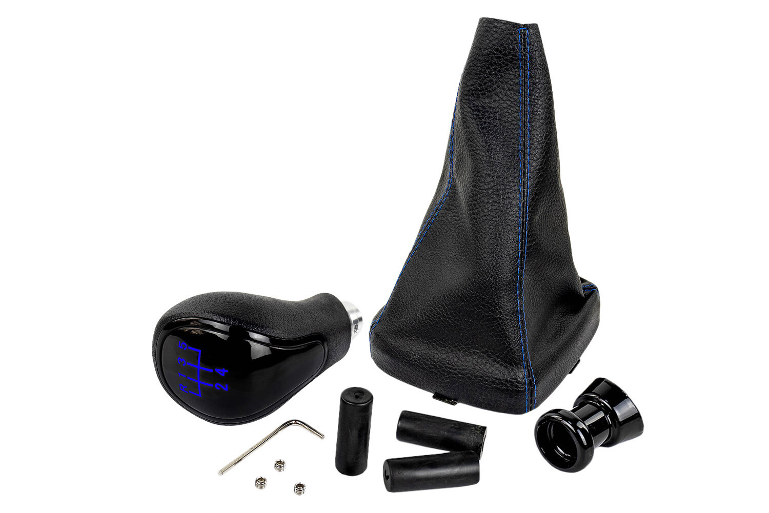 Ручка КПП черный лак, синяя подсветка Sal-Man с пыльником с синей строчкой на ВАЗ 2113, 2114, 2115