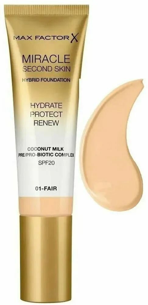 Max Factor Тональный крем Miracle Touch Second Skin, SPF 20, 30мл, тон 01- fair