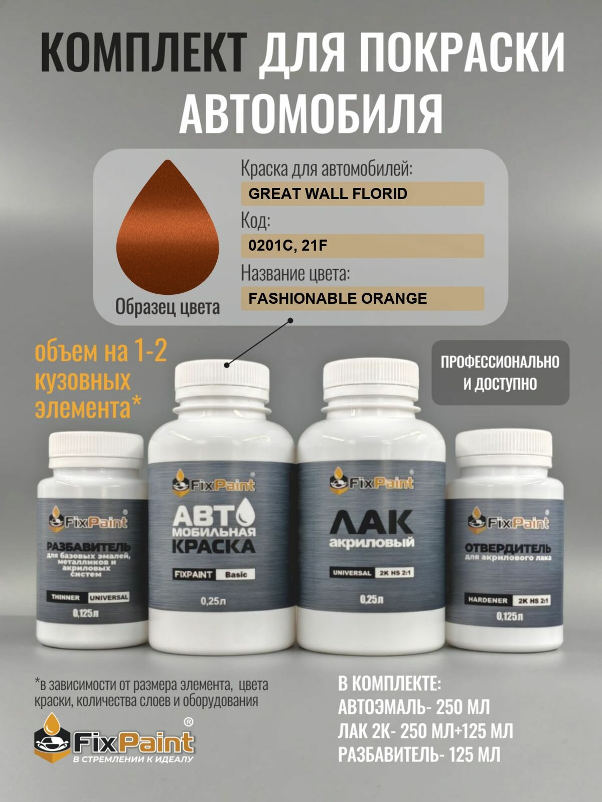 Комплект для покраски GREAT WALL FLORID, код 0201C, 21F, FASHIONABLE ORANGE, базовая автомобильная эмаль 250 мл, лак 2K 250 мл с отвердителем, разбавитель 125 мл, FixPaint Pro