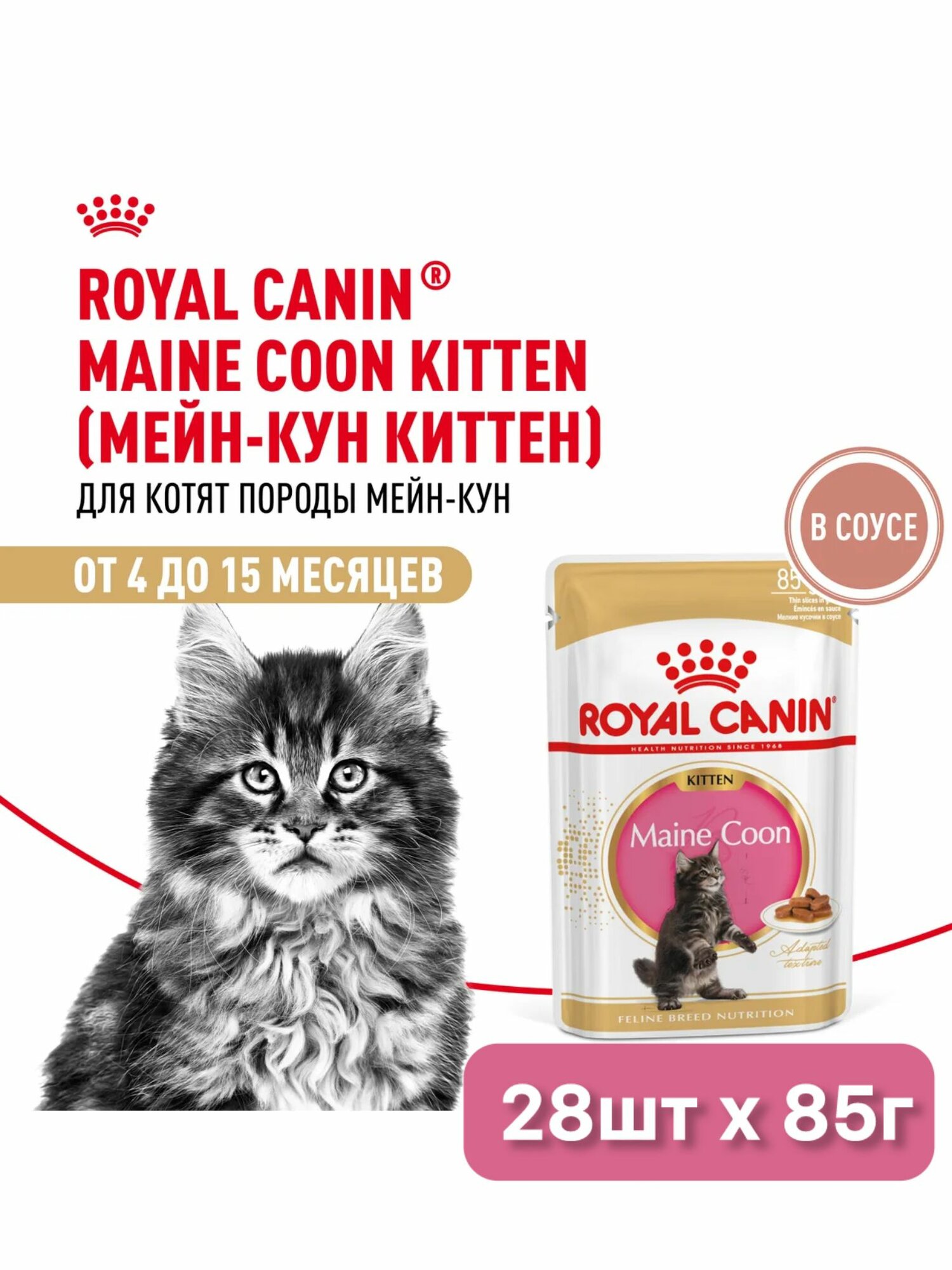 Влажный корм для котят породы Мейн Кун 28шт х 85г Kitten Maine Coon, в соусе