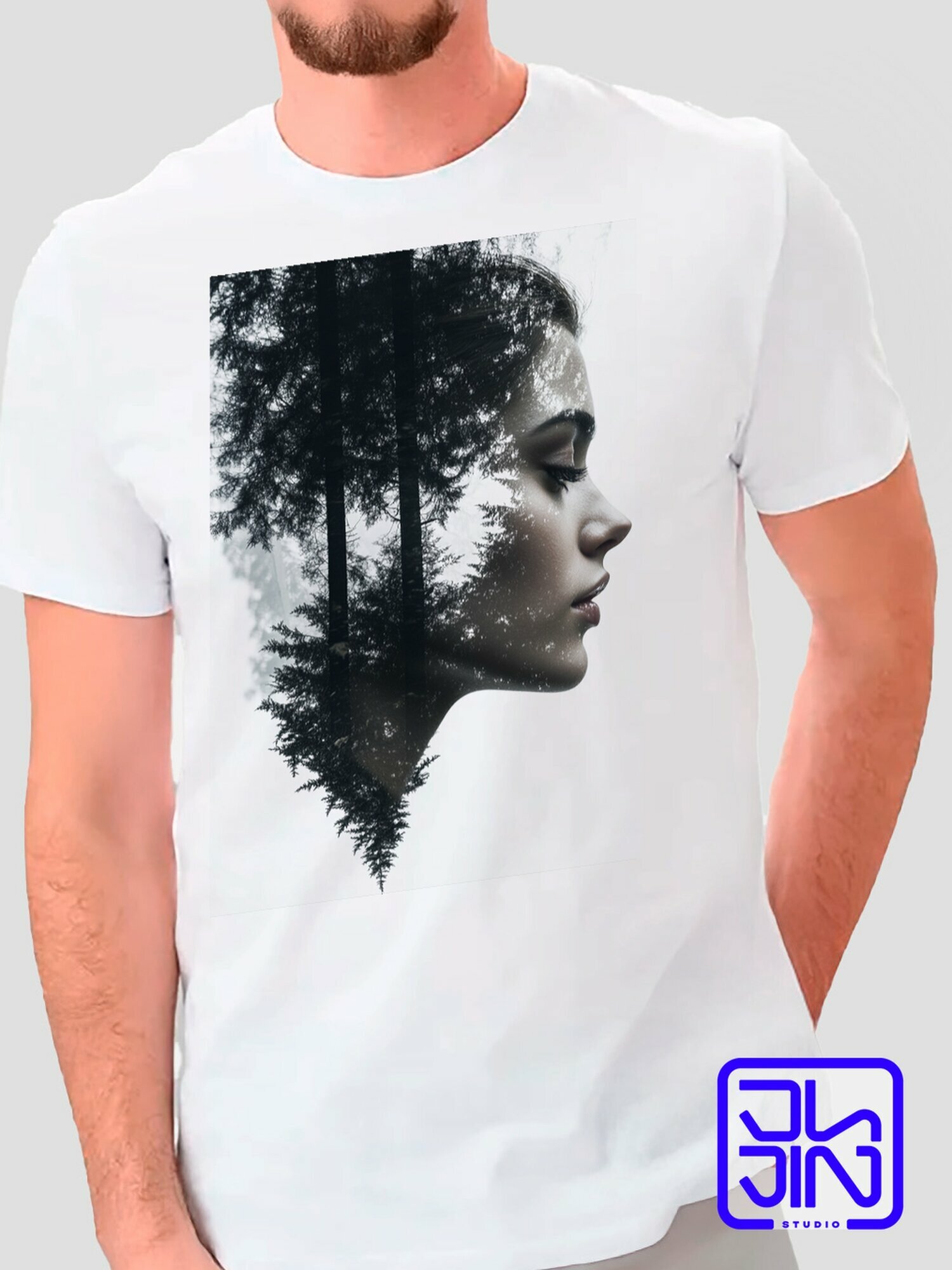 Футболка классическая мужская с авторским принтом Женский черно-белый минималистичный портрет, темно-серый силуэт лица, белый хлопковый трикотаж с прикольным рисунком на груди