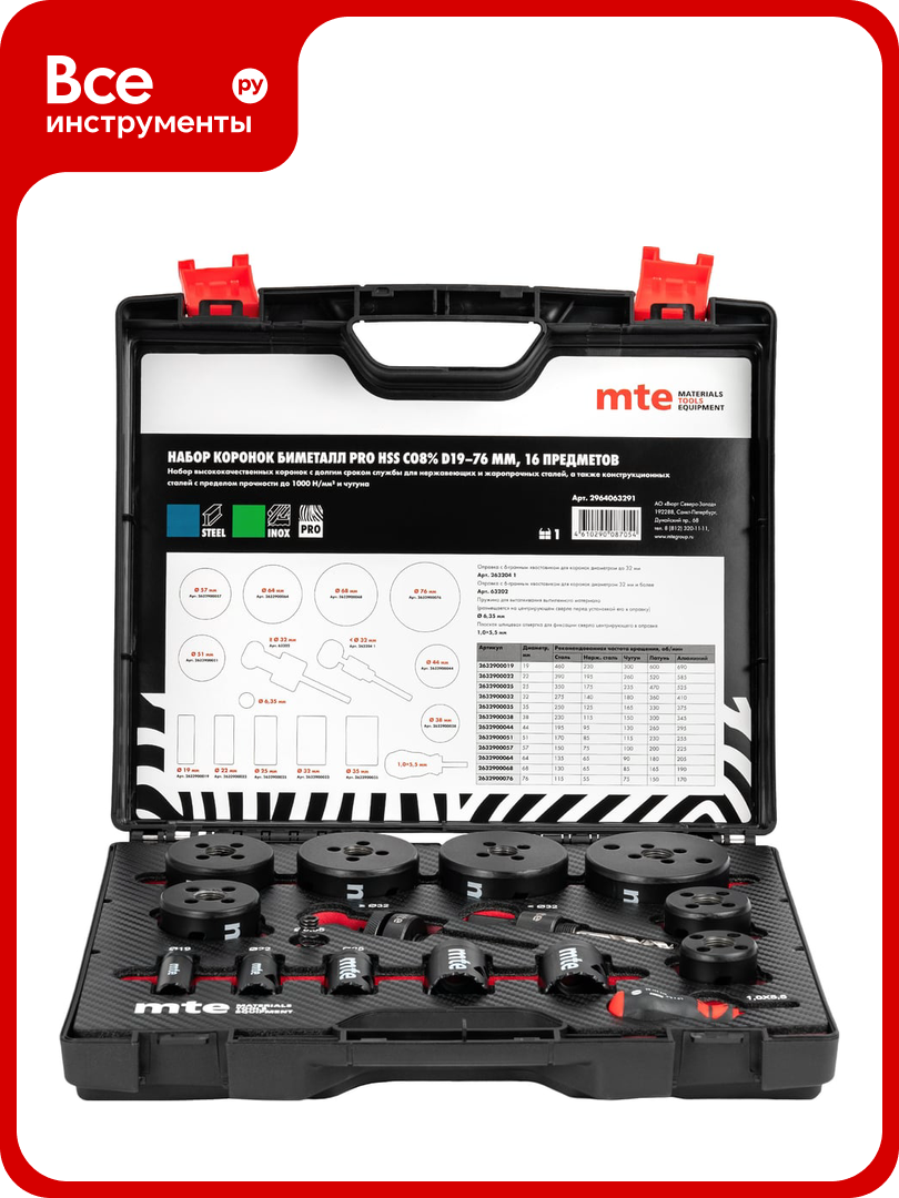 Набор коронок биметалл MTE PRO HSS Co8% D19-76, для работ с древесиной и древесными материалами