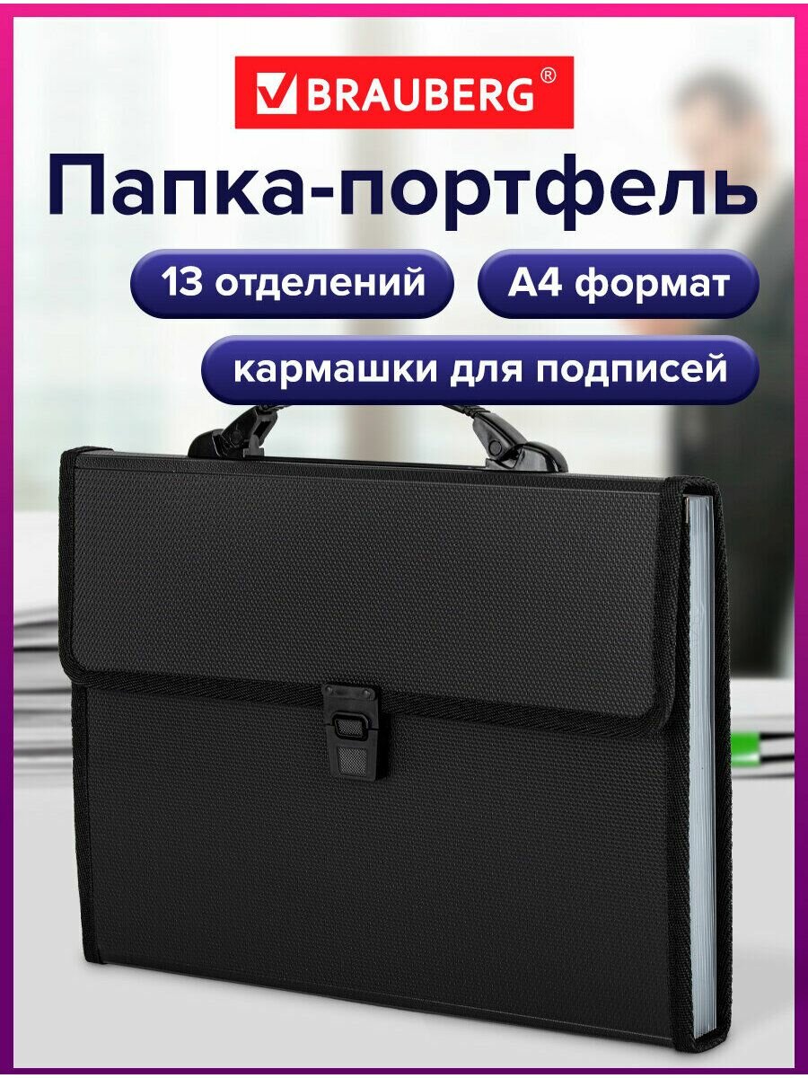Папка/сумка/портфель для документов канцелярская с ручками пластиковая формата А4 (332х245х35мм), 13 отделений, черная, канцелярская папка папка для документов папка с отделениями А4 пластиковая портф
