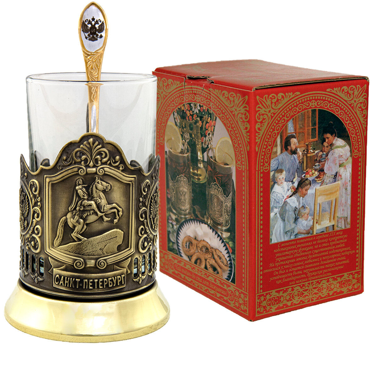 Набор для чая "Медный всадник" (3 пр.) карт. коробка, стекл. стакан, латунь, штамп, ложка-нерж. грав. ПД-116ШКС-л