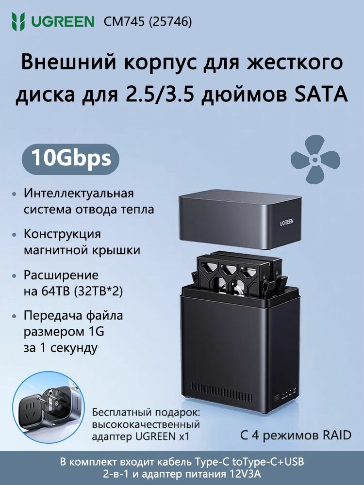 Внешний корпус для жесткого диска UGREEN CM745 (25746) 2.5"/3.5" SATA USB-C 3.2 10Gbps, с 4 режимов RAID 2 отсеков бокс для HDD/SSD Station CN для компьютер и ноутбуков