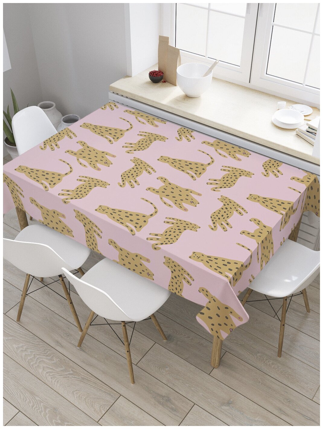 Прямоугольная тканевая скатерть на стол с рисунком "Забавные леопарды" 120 на 145 см, JoyArty