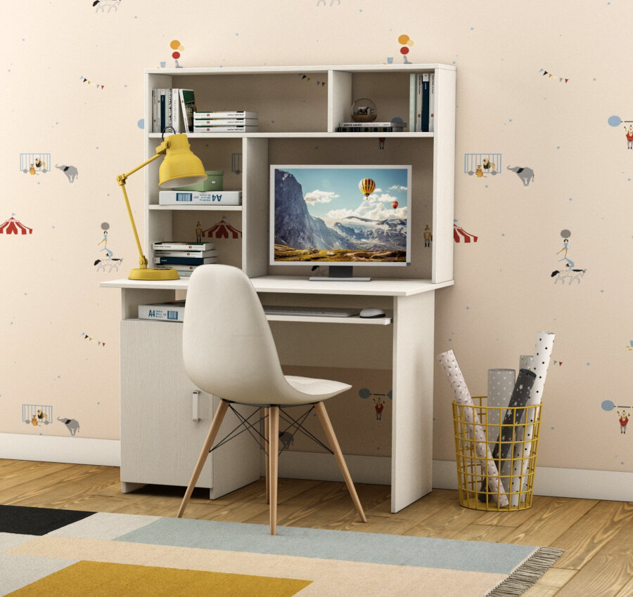 Стол письменный, стол компьютерный Лайт (Ньюкасл) 2К с надстройкой белое дерево