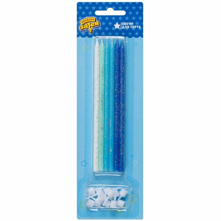 Свечи для торта Голубой Микс с блестками, 12 штук