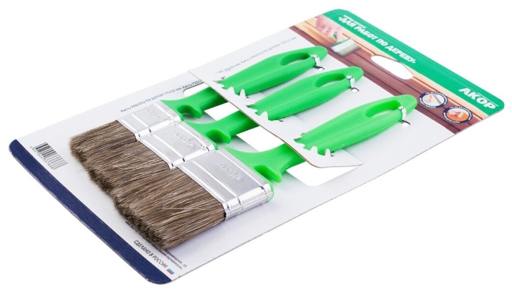 Набор кистей плоский, Акор, Работы по дереву, 3 шт, 25, 35, 50 мм, смешанная щетина, рукоятка пластик, 174 25 050