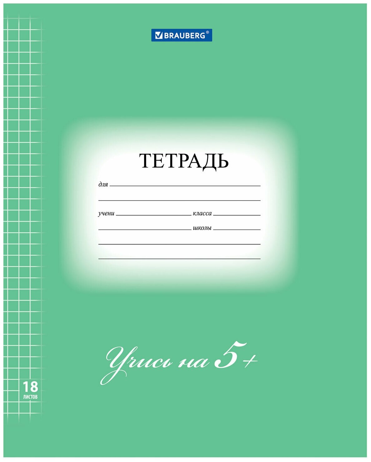 Тетрадь 18 л. BRAUBERG ЭКО "5-КА", клетка, обложка плотная мелованная бумага, зеленая, комплект из 50 шт, 402987