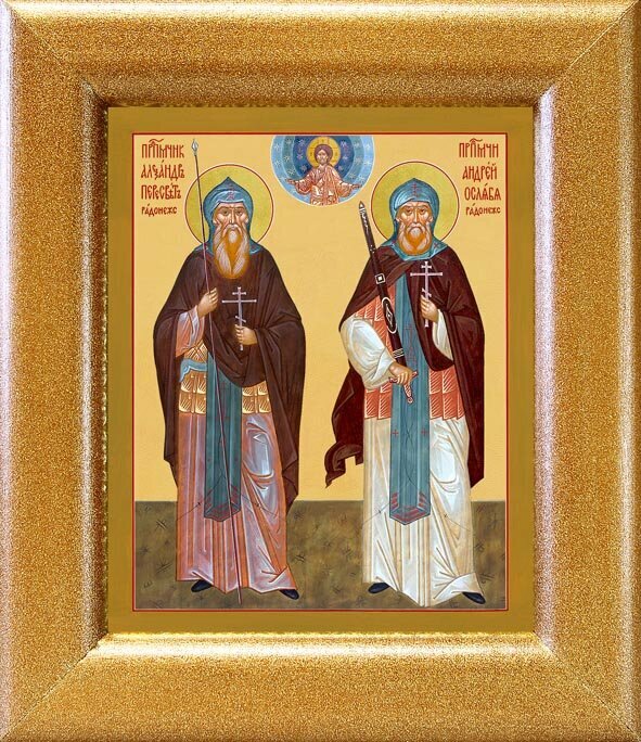 Преподобные Александр Пересвет и Андрей Ослябя Радонежские, икона в широкой деревянной рамке 14,5*16,5 см