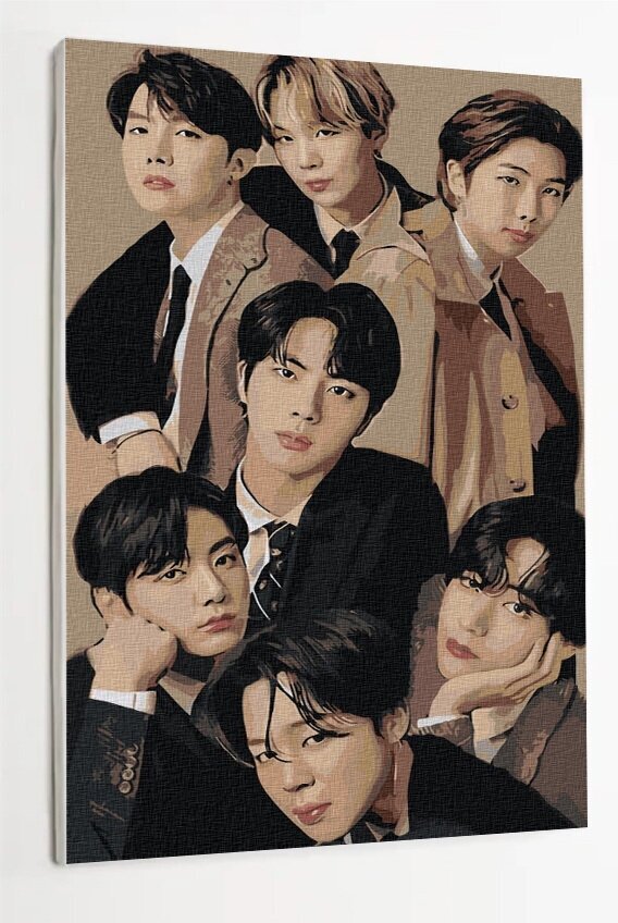 Картина по номерам на холсте с подрамником, Корейская музыкальная группа, BTS, KPOP, Вся группа, 40х60 см