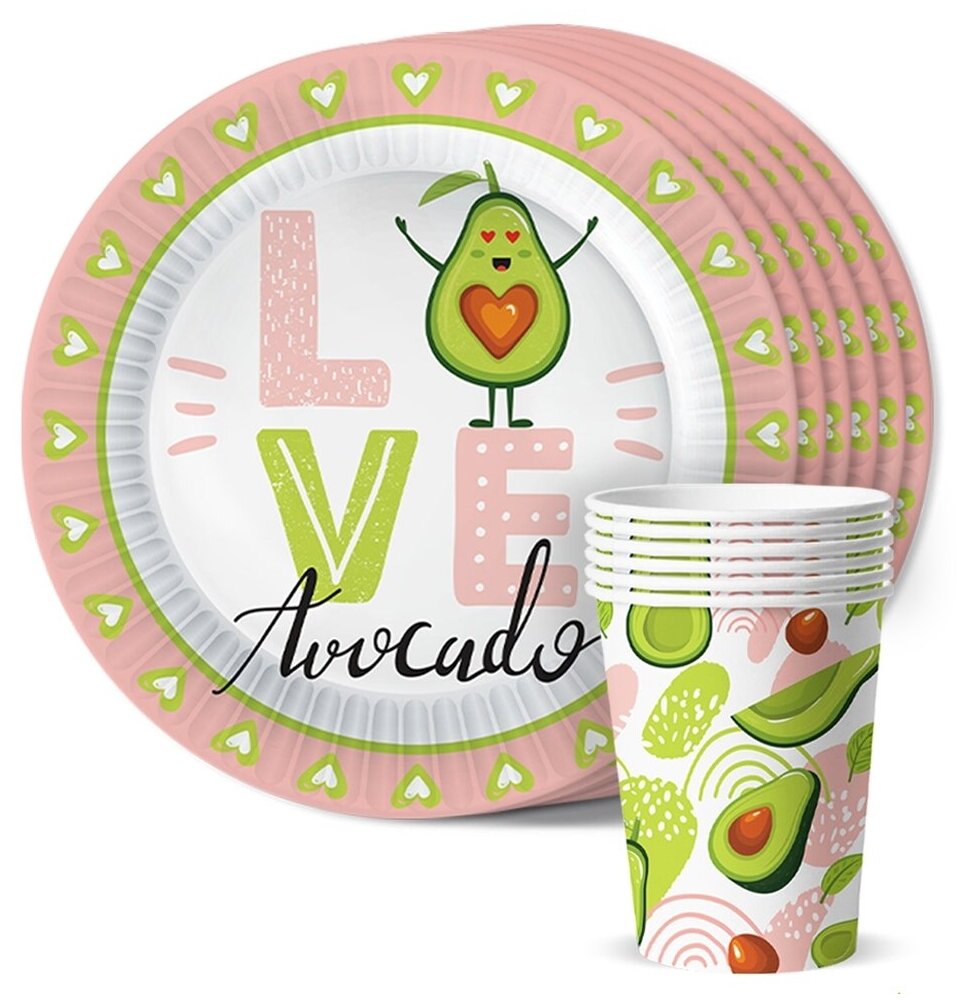 Набор одноразовой бумажной посуды для праздника ND Play / Авокадо-1 (тарелка мал, стакан по 6 шт.)