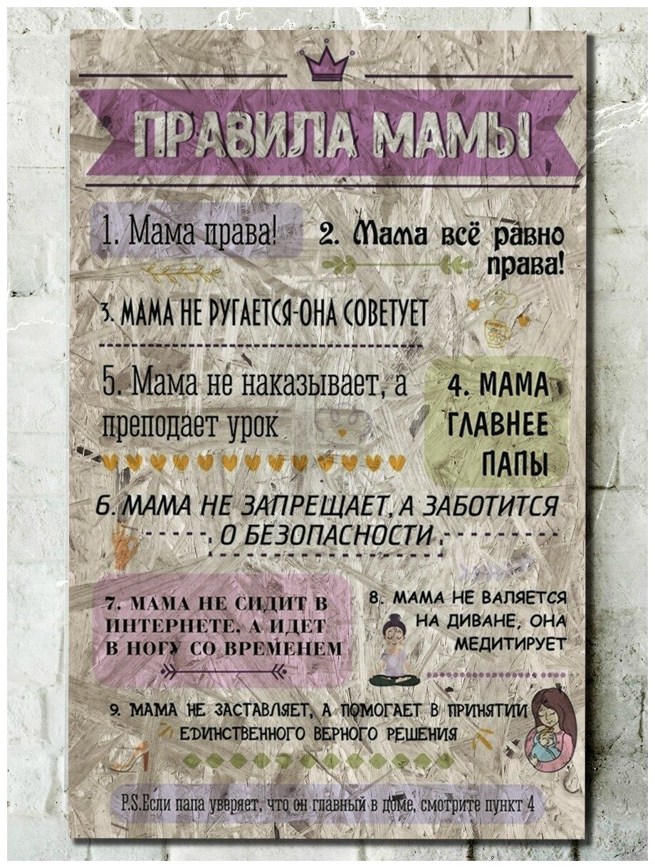 Картина интерьерная на рельефной доске Правила мамы (постер) - 522