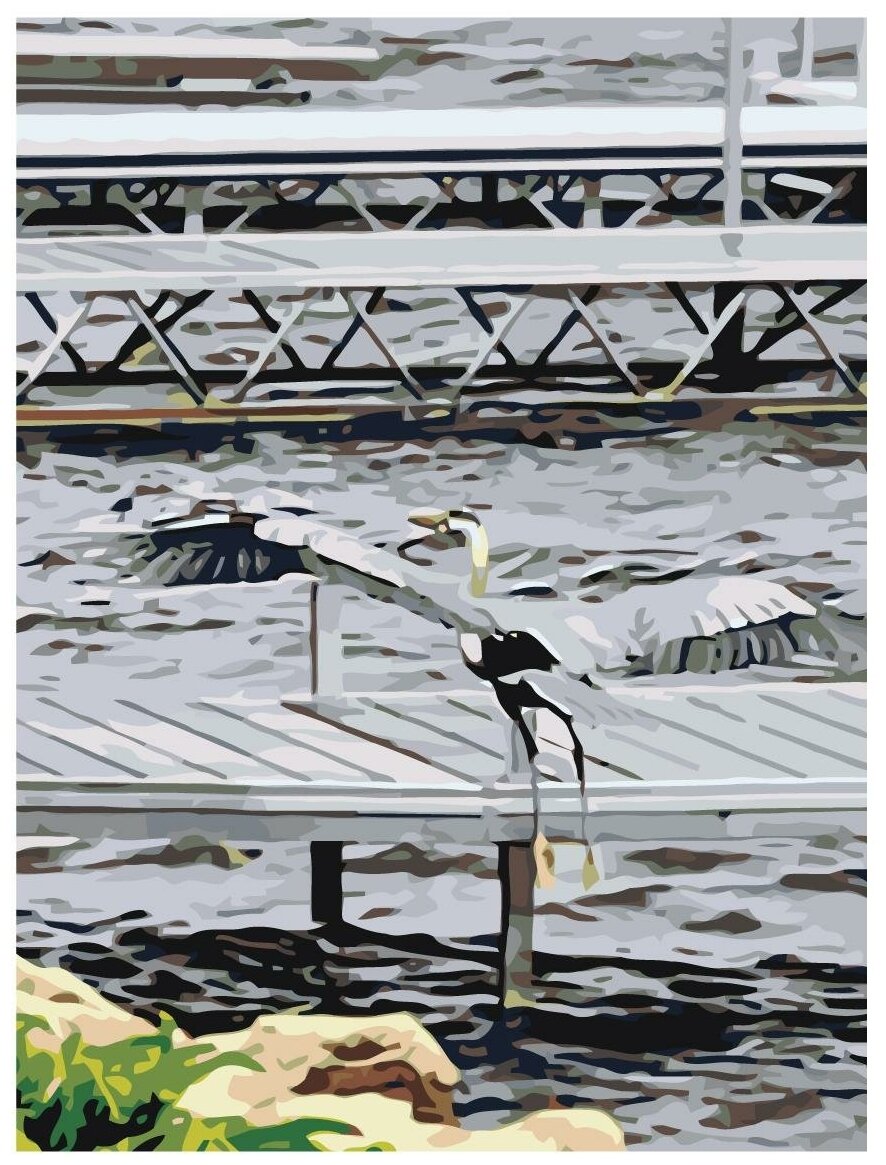 Картина по номерам, "Живопись по номерам", 75 x 100, ETS176-2-3040, Аист, пейзаж, мост, море, птица, крылья, полёт