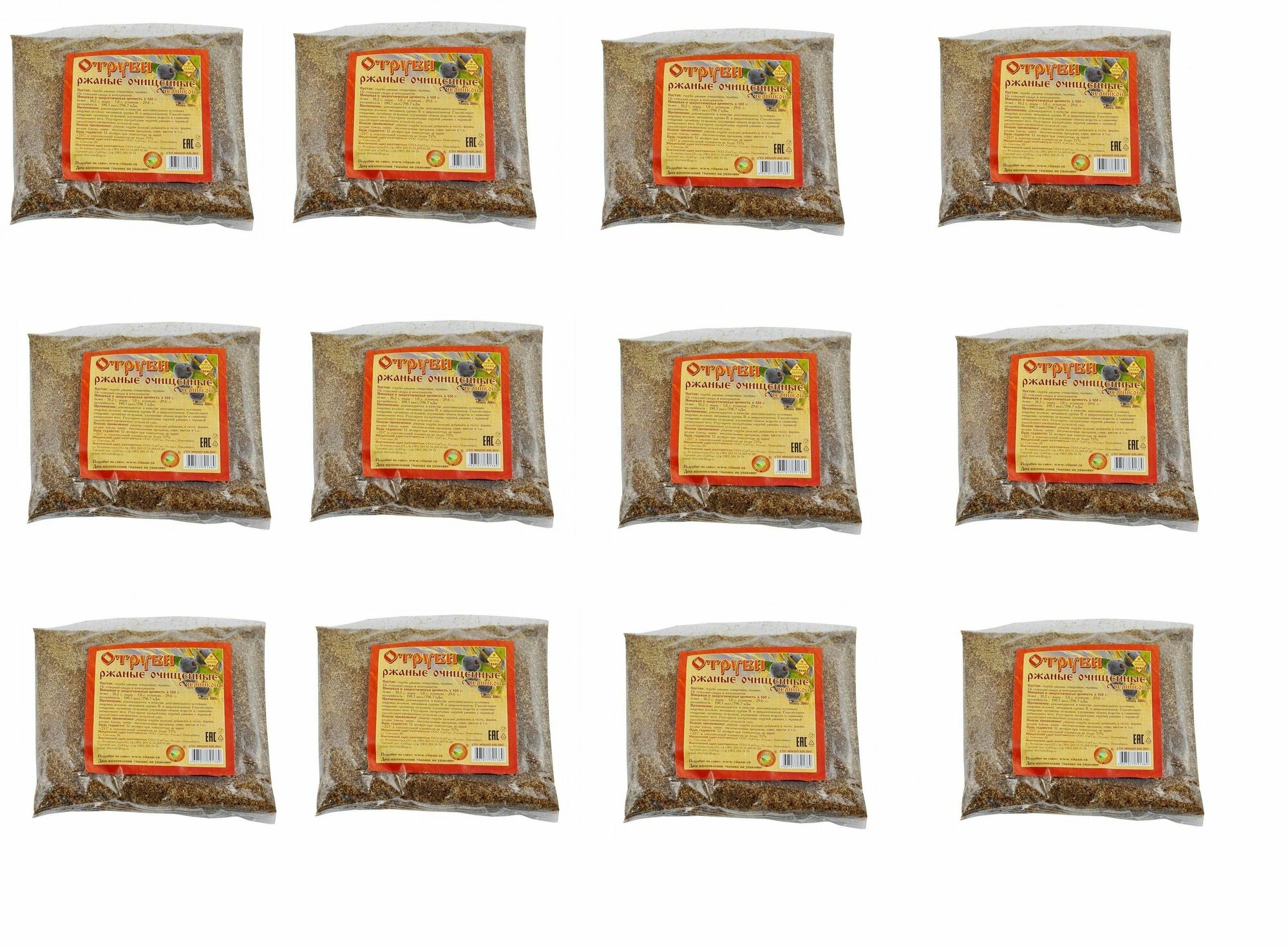 Отруби Золотые Злаки Сибири, ржаные, очищенные, с черникой, 200 г, 12 уп