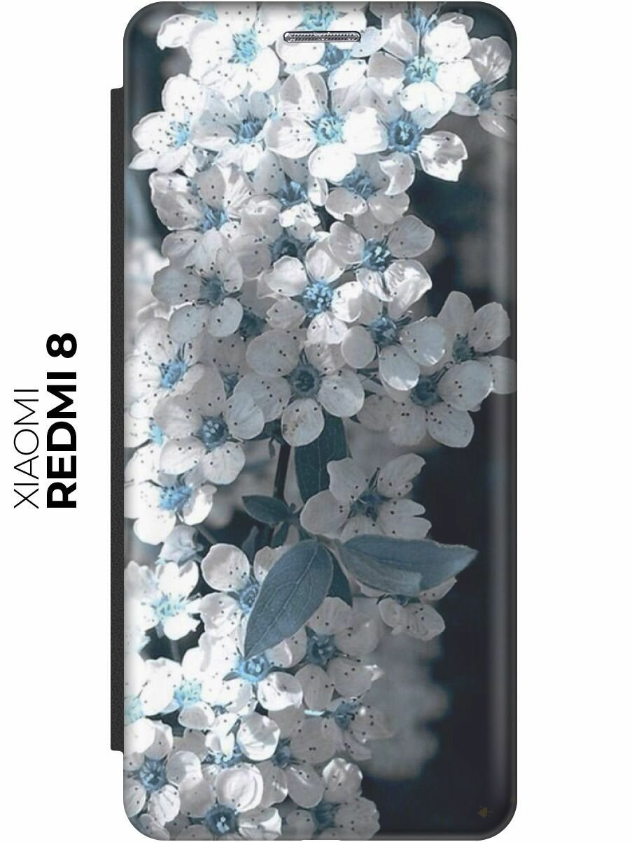 Чехол-книжка Бело-голубые цветочки на Xiaomi Redmi 8 / Сяоми Редми 8 черный