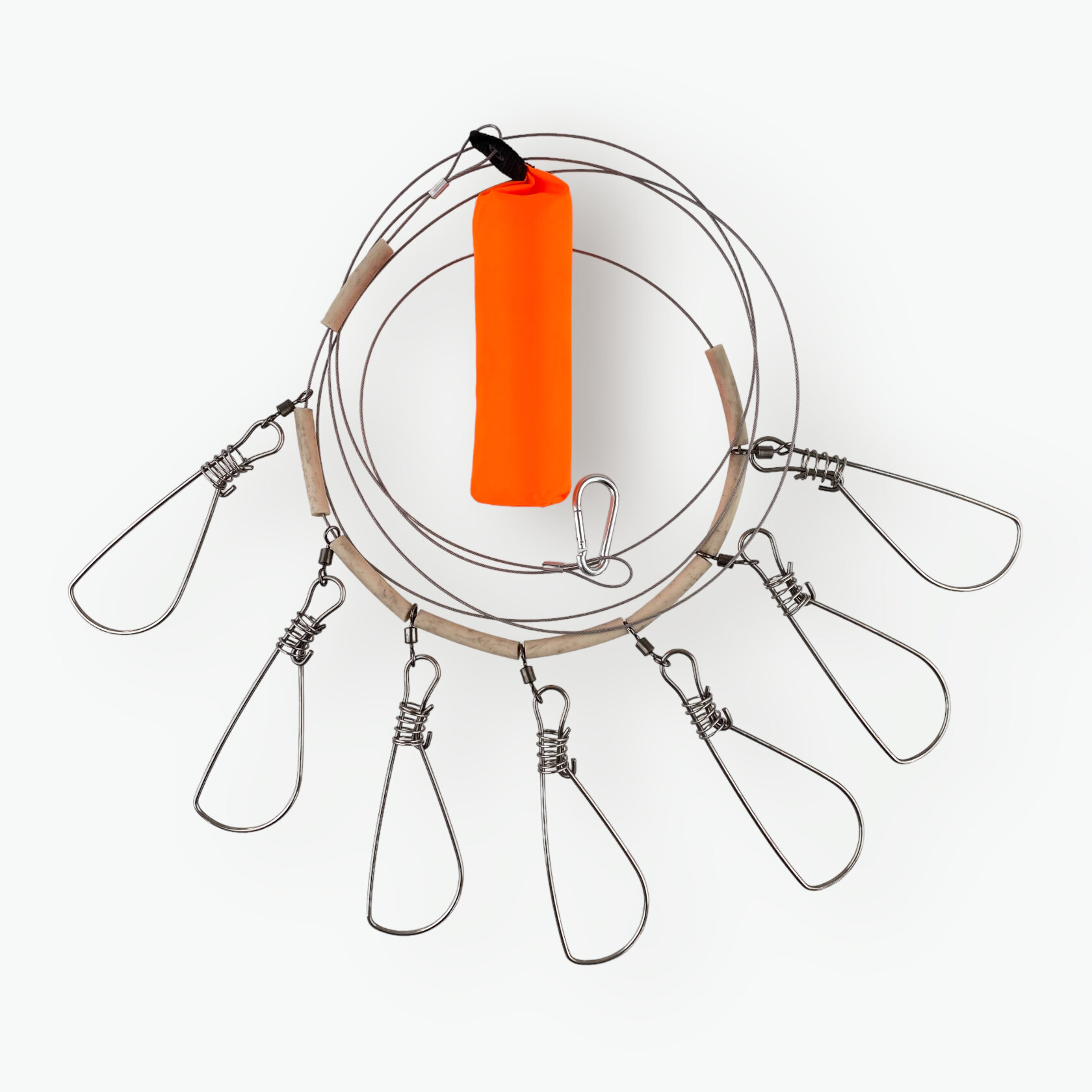 Кукан на пружине с поплавком Namazu N-FTAF-305 - Металлический трос - 3м - 7 карабинов