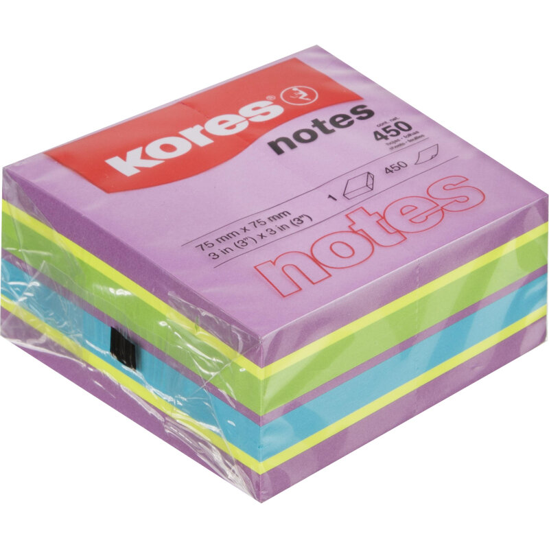 Стикеры Kores CUBO 75мм, смешан. неон. цв. (фиол, желт, син, зелен) 450л 48464