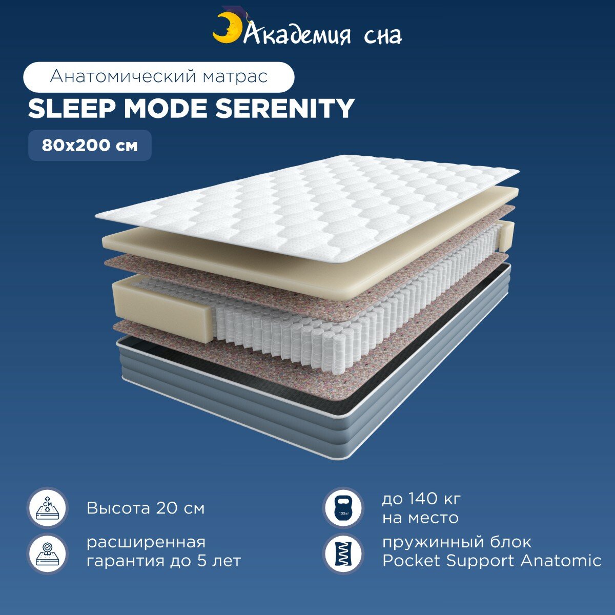 Матрас анатомический Академия Сна Sleep Mode SERENITY, независимый пружинный блок 80x200