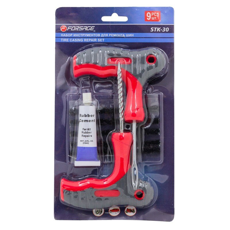 Набор инструмента для ремонта покрышек колес 9пр, в блистере Forsage