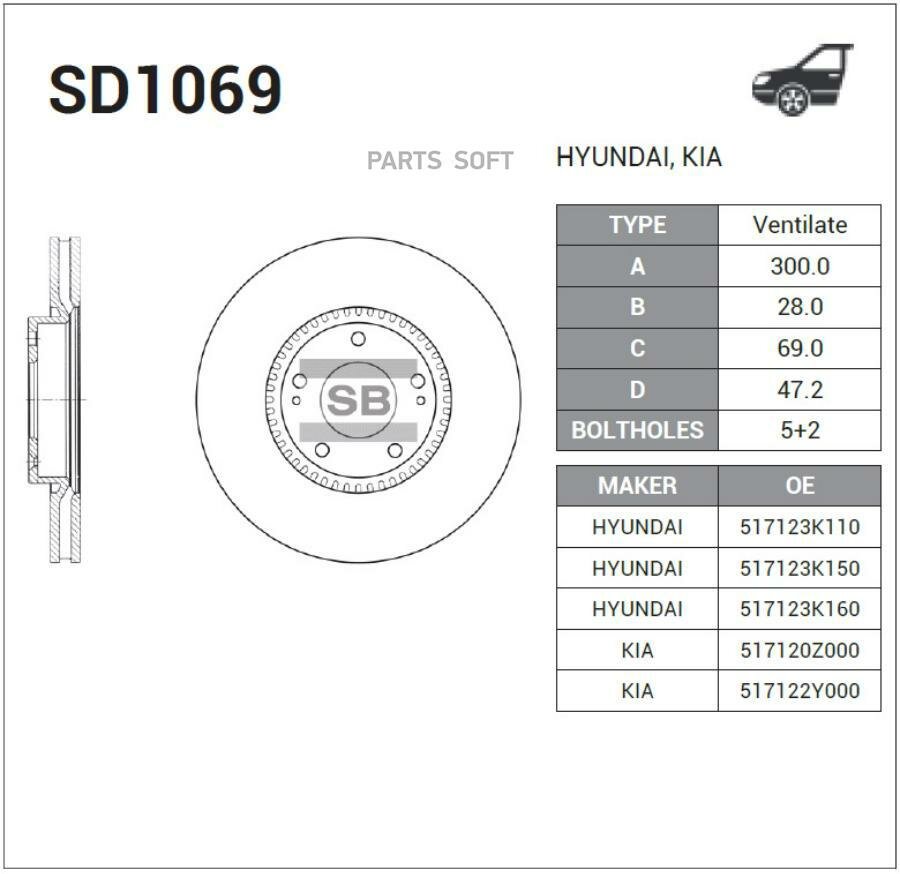 SANGSIN BRAKE SD1069 Диск тормозной передний HYUNDAI ix35 - 2.0 2.4 / SONATA(NF) - 2.0 2.4 ()
