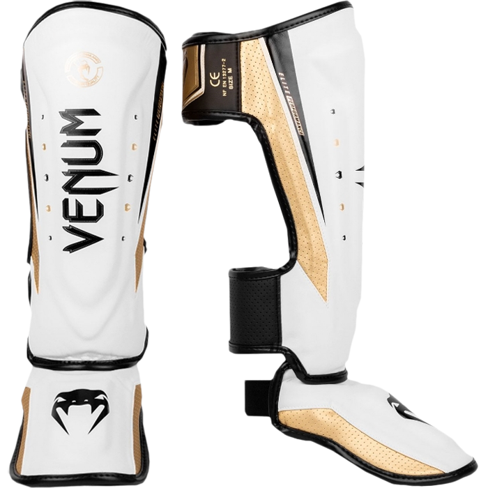 Защита голени Venum Elite Evo, белая с золотым, для единоборств