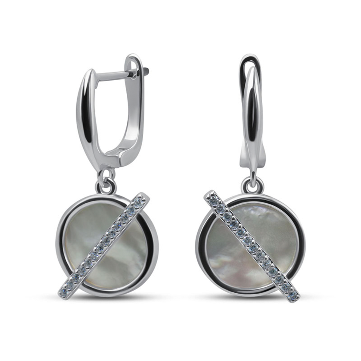 Серьги с подвесками, серебро, 925 проба, родирование, перламутр, фианит