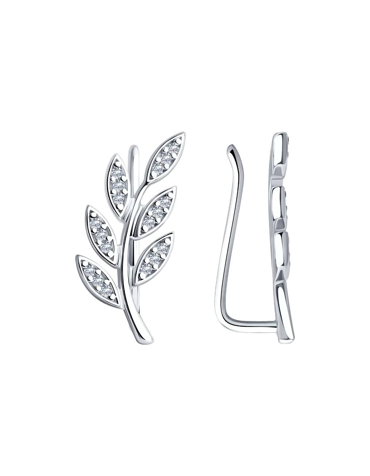 Серьги каффы, серебро, 925 проба, родирование, фианит