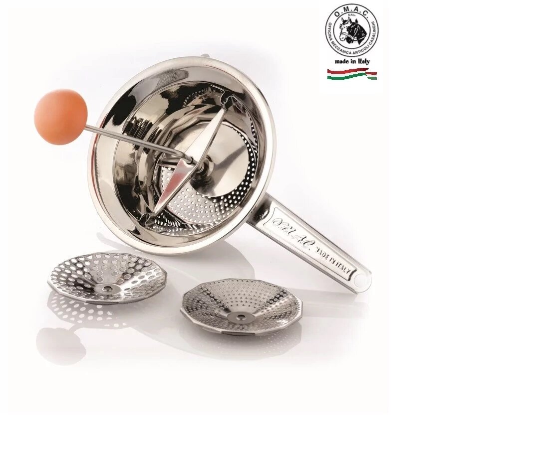 Ручное сито для протирки овощей, фруктов, ягод, томатов в пюре OMAC 175 Emanuel 2, диаметр 20 см,3 диска, Италия