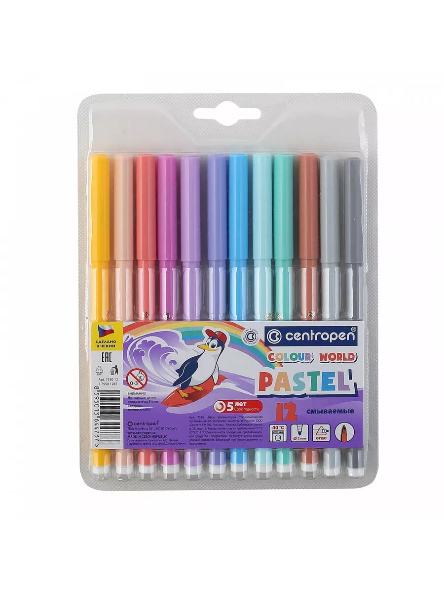 Фломастеры Centropen "Пингвины", 12 смываемых цветов, трехгранные, конические, Чехия