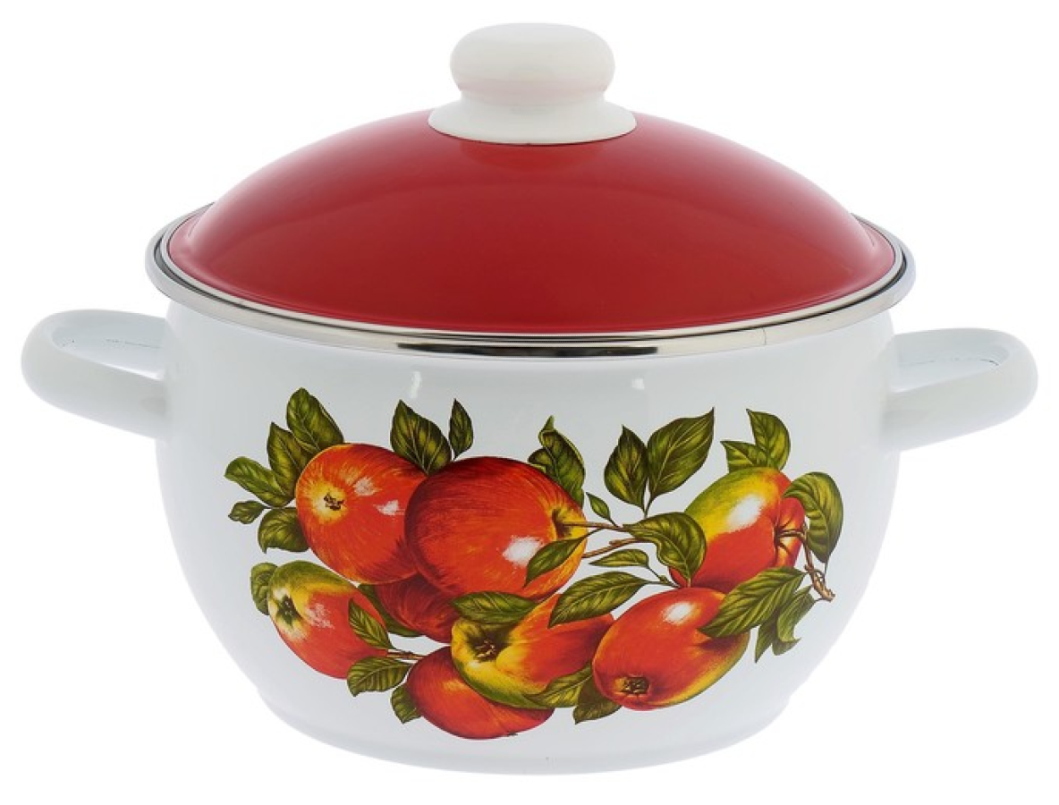 Кастрюля эмалированная СтальЭмаль с крышкой, белого цвета с рисунком, 2л / посуда для всех видов плит