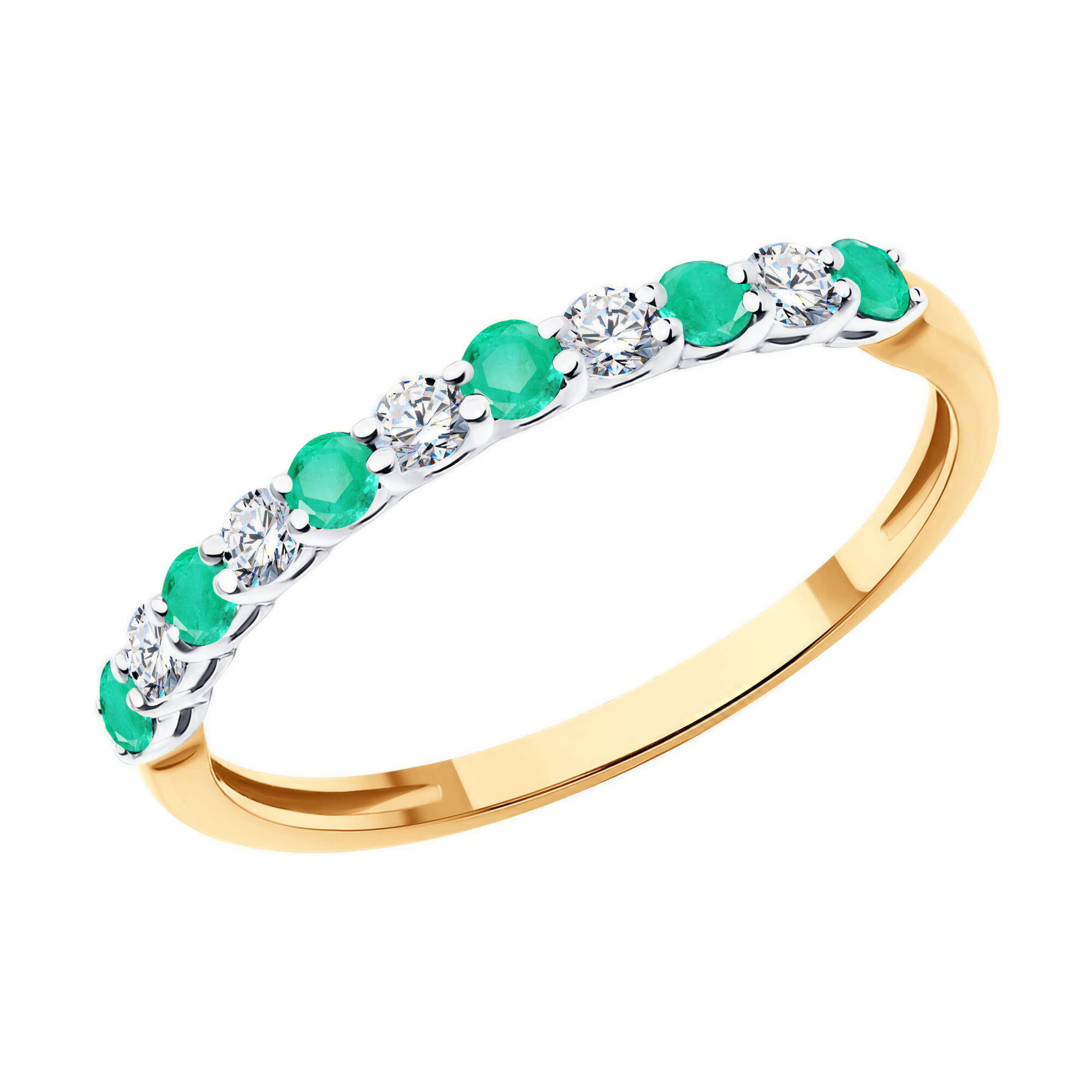 Кольцо дорожка, красное золото, 585 проба, бриллиант, изумруд