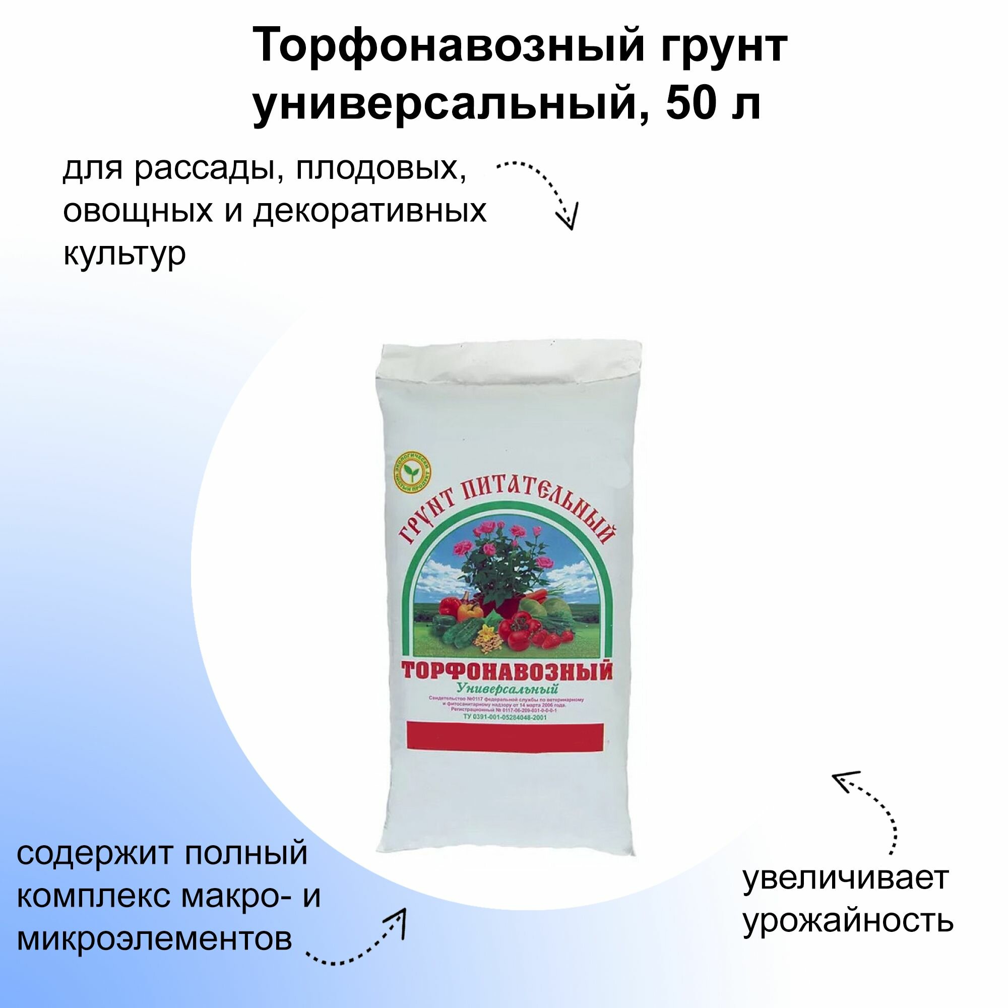 Торфонавозный грунт универсальный 50 л, питательная почва для рассады, плодовых, овощных и декоративных культур, обогащен верховым торфом и органическим удобрением
