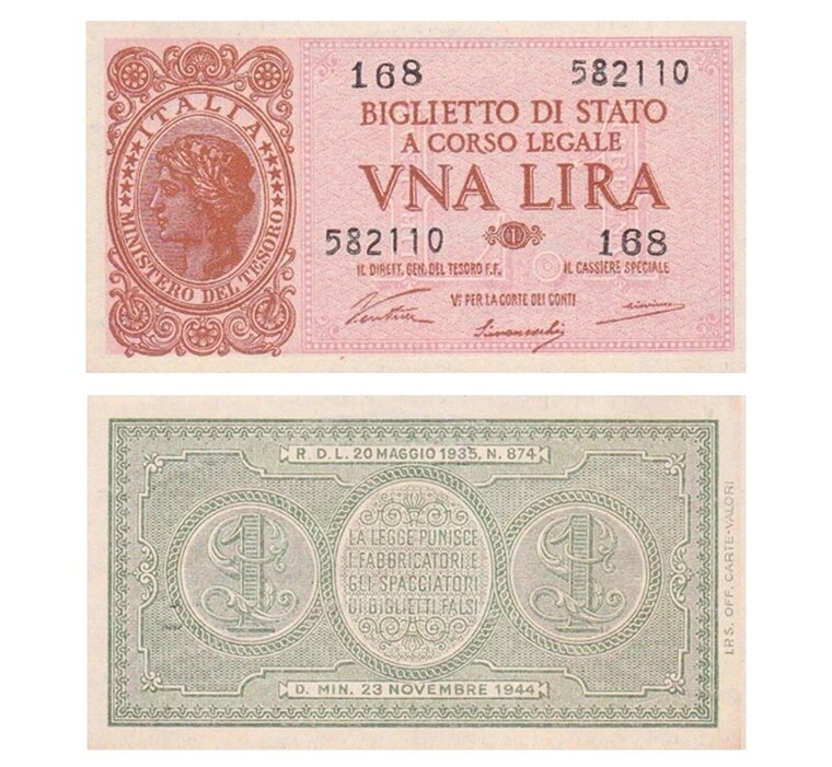 1 лира 1944 Италия, сувенирная копия UNC, банкноты и купюры редкие коллекционные