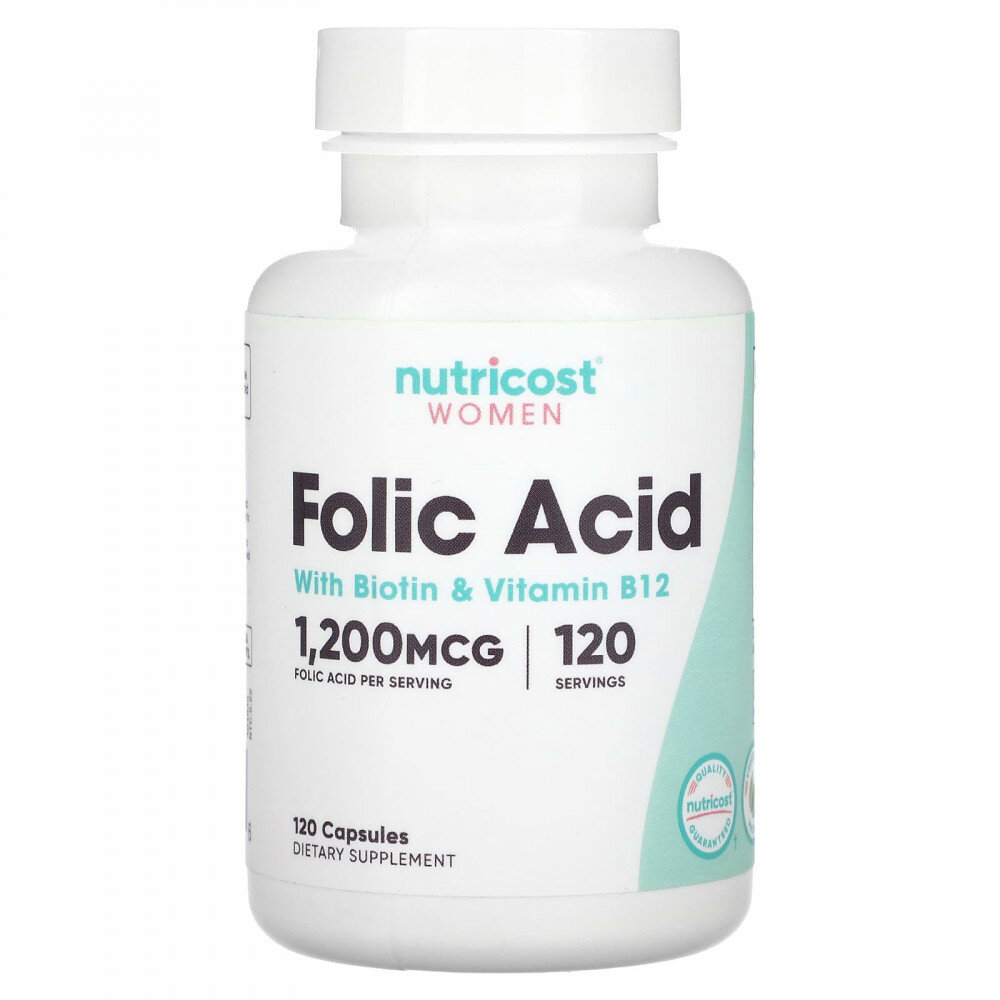 Nutricost, Фолиевая кислота с биотином и витамином B12 для женщин, 120 капсул