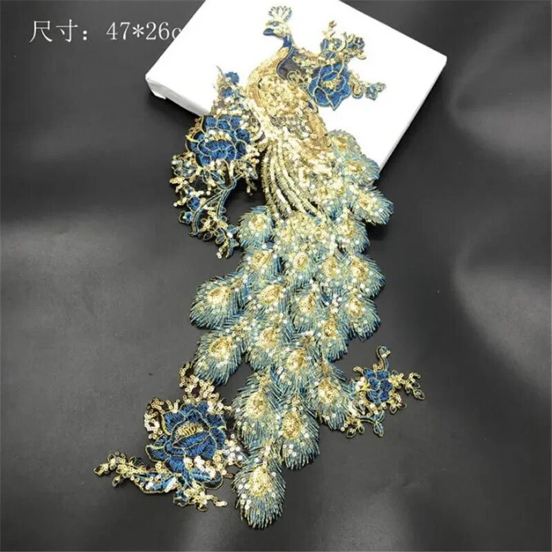 Блестящая аппликация Павлин, бирюзовый и золотой, 47*26см, BJ0462