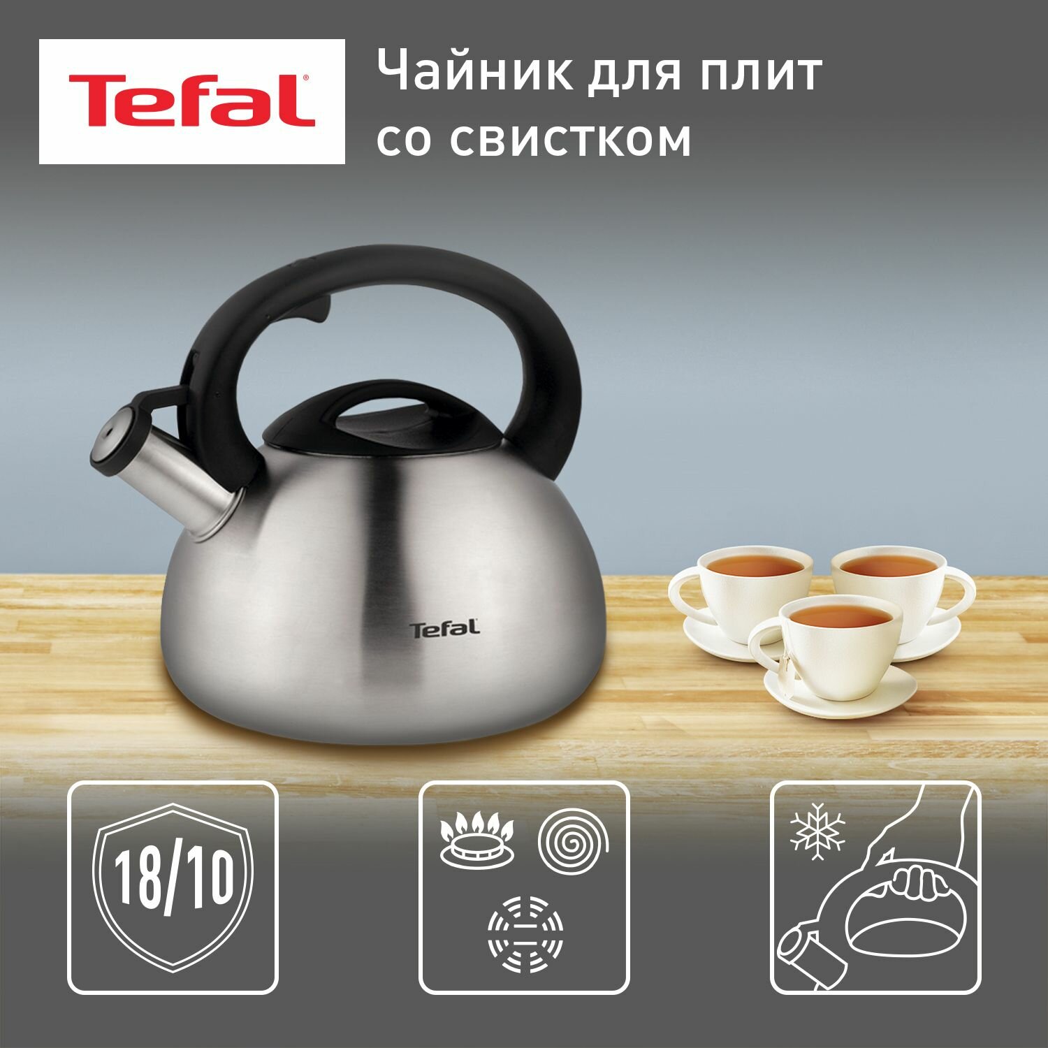 Чайник со свистком 2,5 л Tefal из нержавеющей стали, для всех видов плит, кроме индукционных