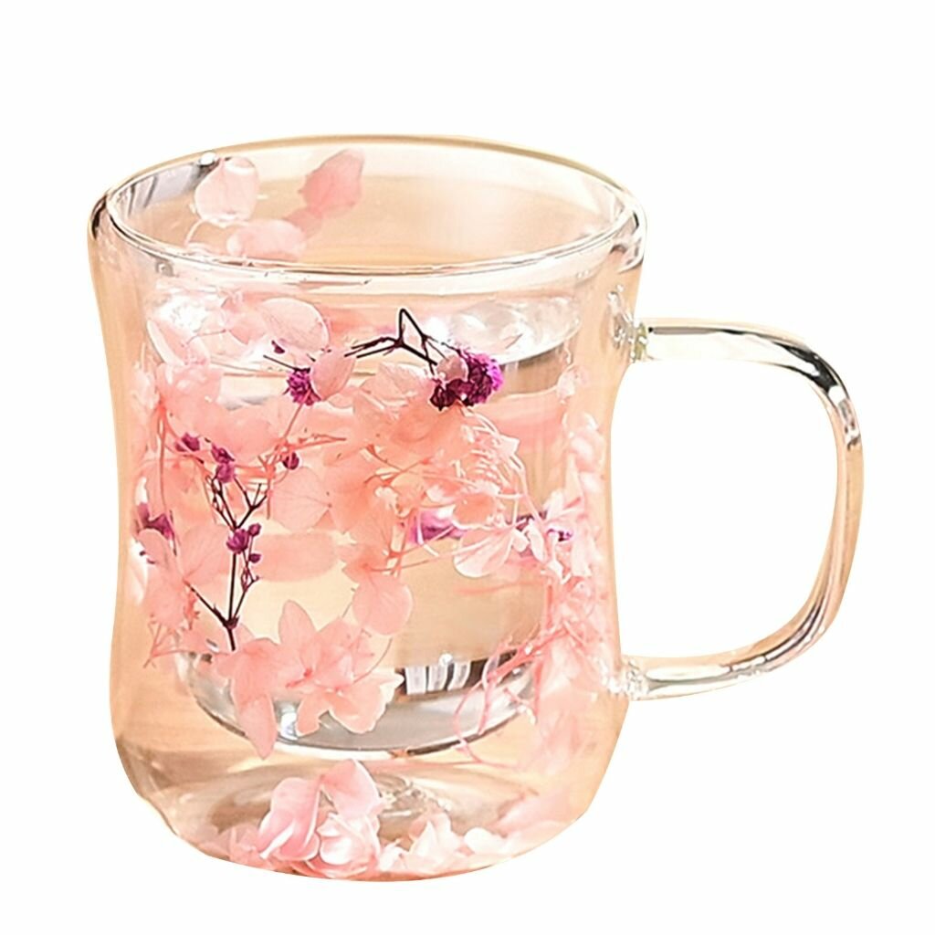 Двухслойная кофейная чашка с сухоцветами -розовая вышитая незабудка