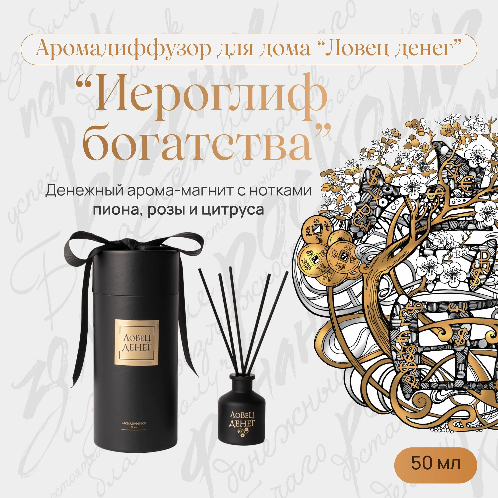 Аромадиффузор "Иероглиф Богатства" Ловец Денег, для интерьера, аромат Манго/Мандарин/Пион/Роза/Цитрус