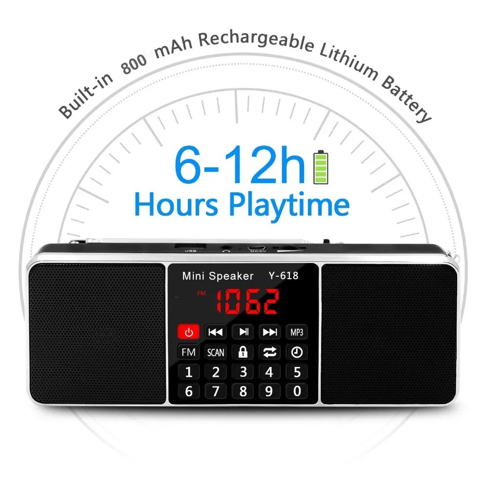 Цифровой FM-радиоприемник, стереодинамик, MP3-плеер, поддержка карт памяти TF, USB-накопитель, светодиодный дисплей, автоматическое отключение, портативные радиостанции