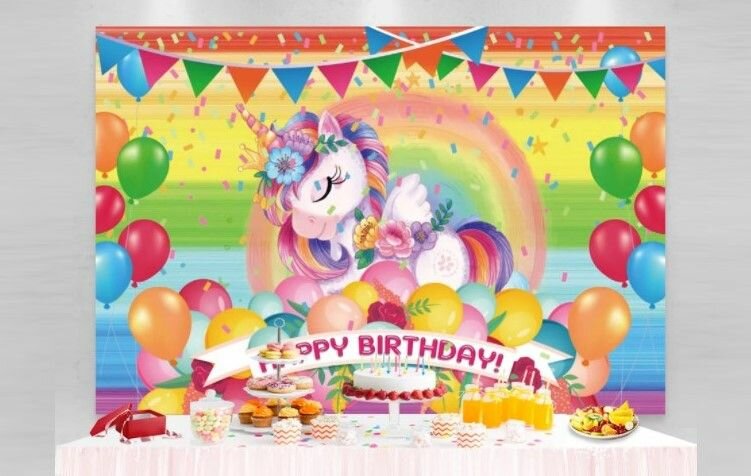 Фотозона с днем рождения, "Единорог", разноцветная, винил 180х120 см