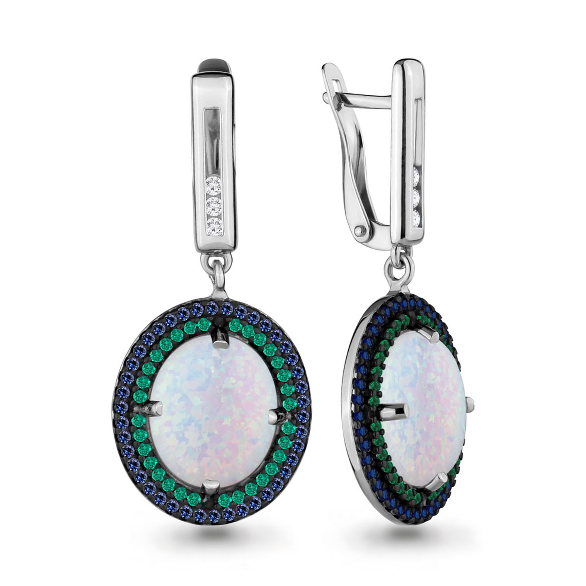 Серьги, серебро, 925 проба, родирование, опал, фианит, изумруд синтетический, сапфир синтетический