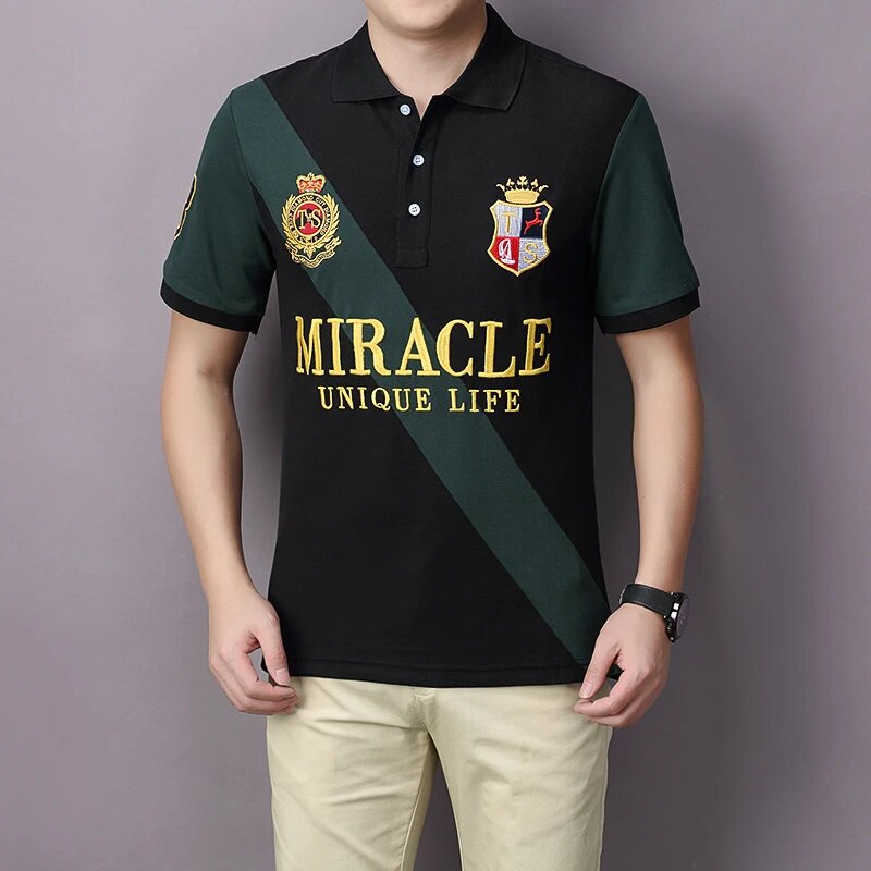 Мужская поло LI Mall MIRACLE, вышивка, контрастные цвета, классический дизайн, хлопок, дышащая，POLO, Чистый цветblack_3XL