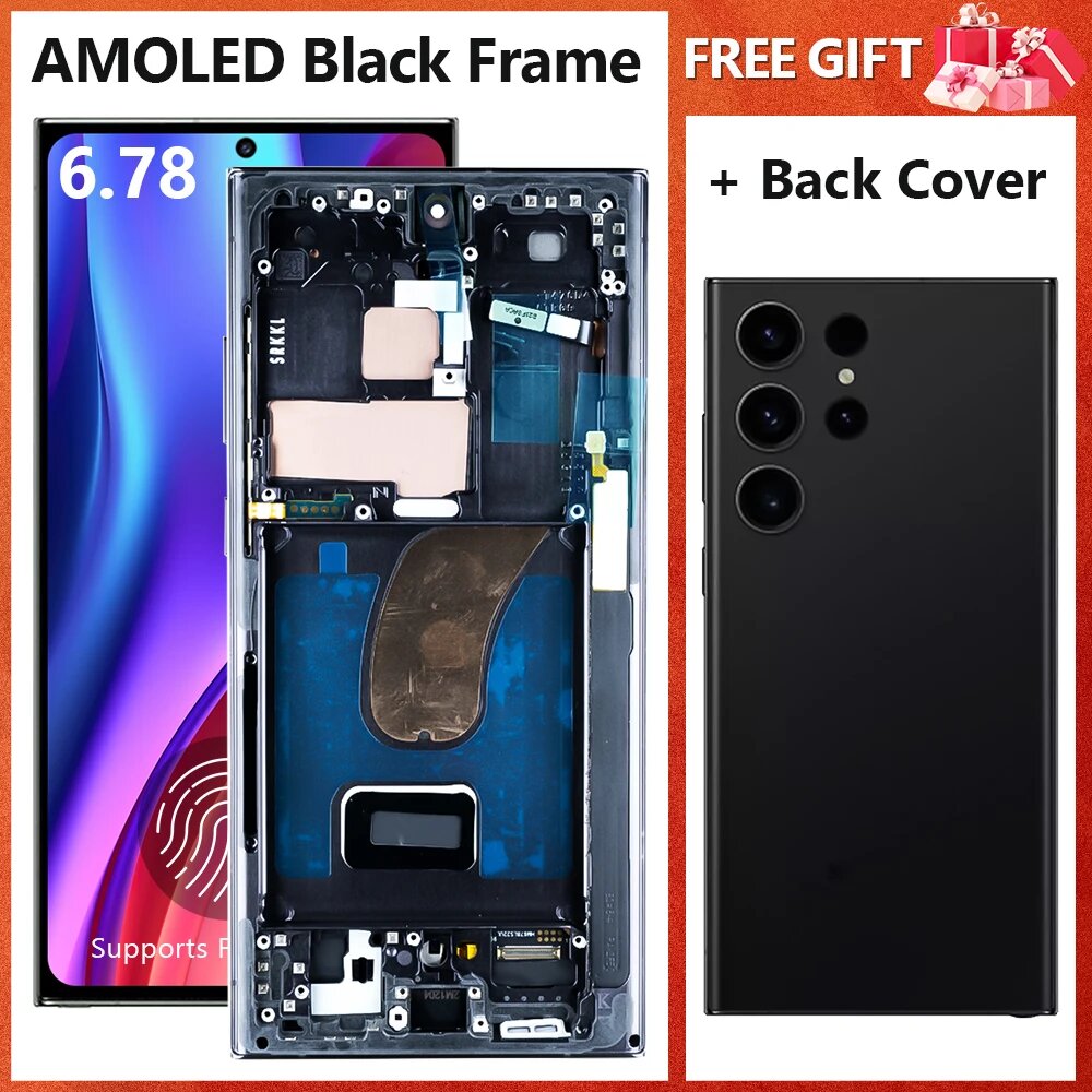 Новый OLED ЖК-дисплей EU для SAMSUNG Galaxy S23 Ultra Screen SM-S918B SM-S918B/DS S918U, динамический сенсорный дисплей со заменой рамки OLED Black Kit