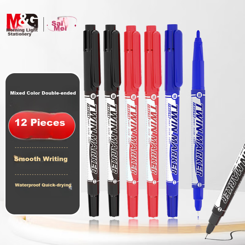 M&G Stationery, Multi-Color Dual-Tip Marker Pens, Waterproof Markers, Oil-Based Pens, Children's And Student Outlining Pens, Office Supplies (8 Black, 2 Blue, 2 Red) 12 Pcs XPMV7404